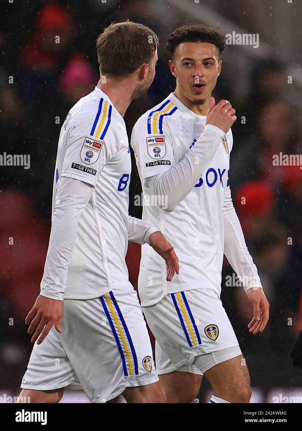 Middlesbrough, UK. 22nd Apr, 2024. Ethan Ampadu of Leeds United talks ...