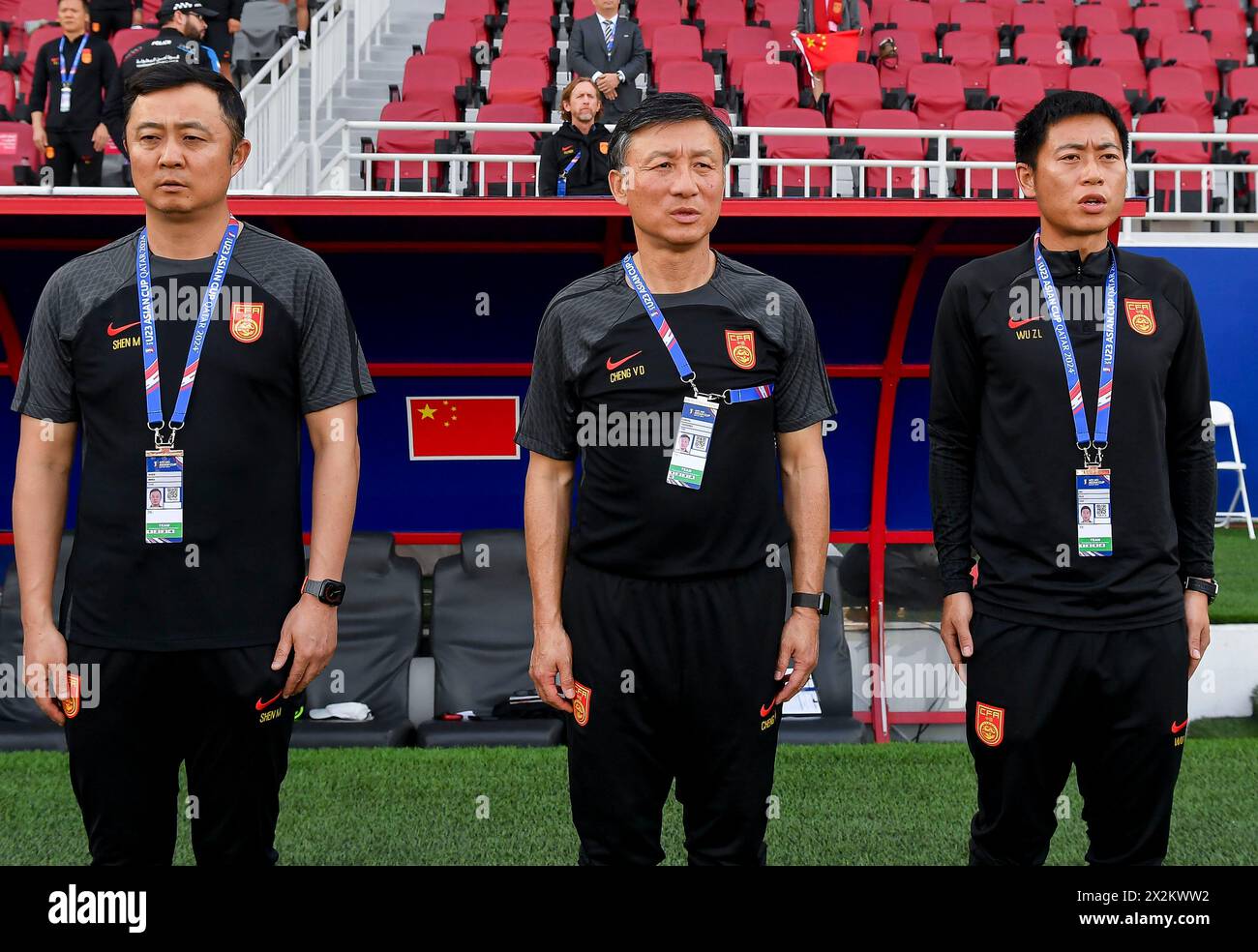 Doha, Qatar. 22nd Apr, 2024. China's head coach Cheng Yaodong (C) sings ...