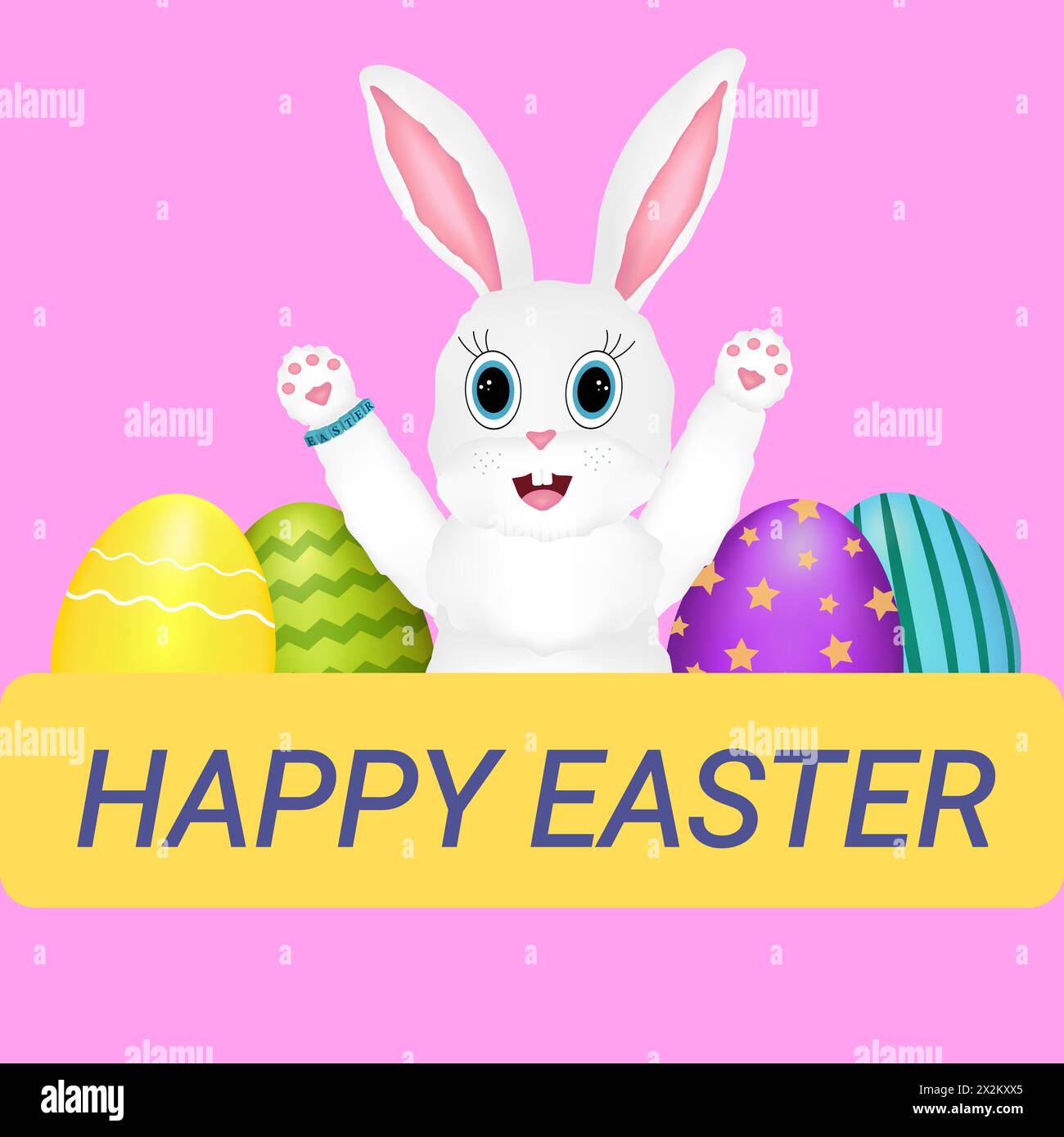 A smiling Easter Bunny pulls his paws up in a sign of greeting ...