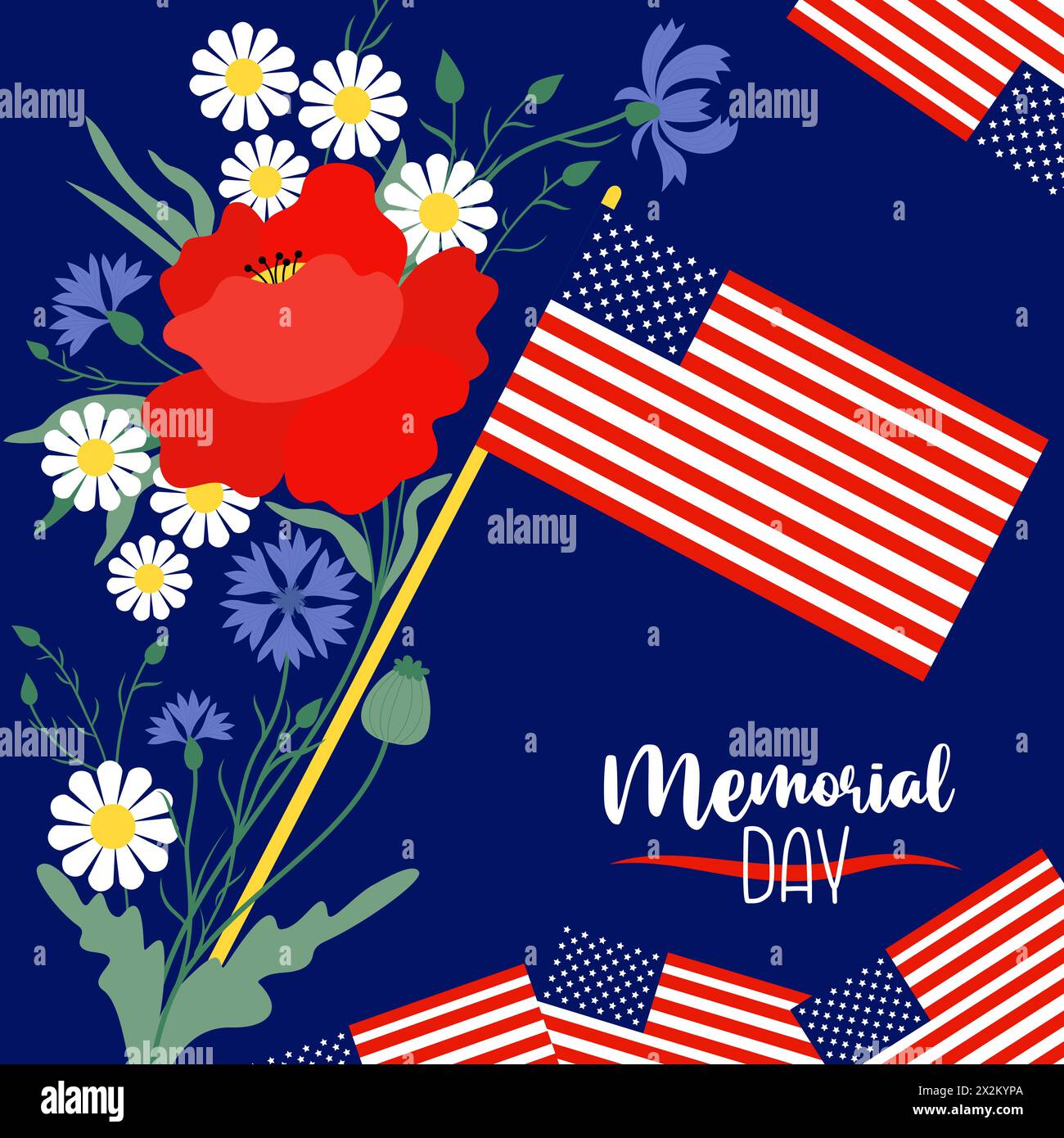 Memorial Day banner. American flags with bouquet flowers red poppy ...