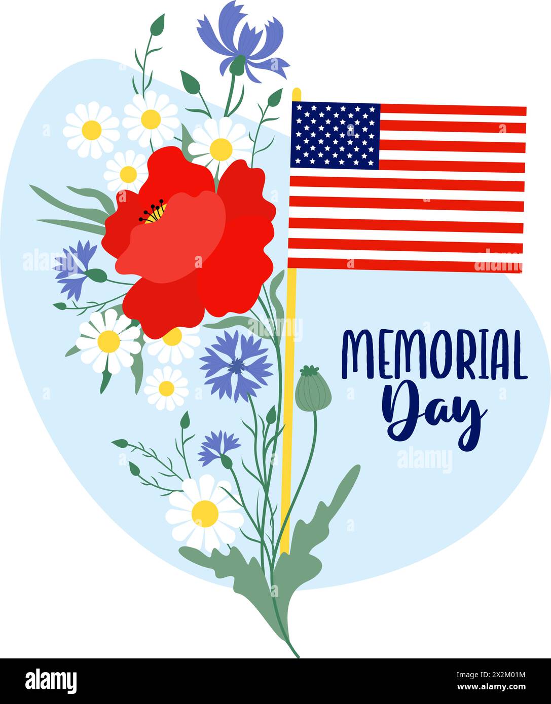 Memorial Day postcard. American flag with bouquet flowers red poppy ...