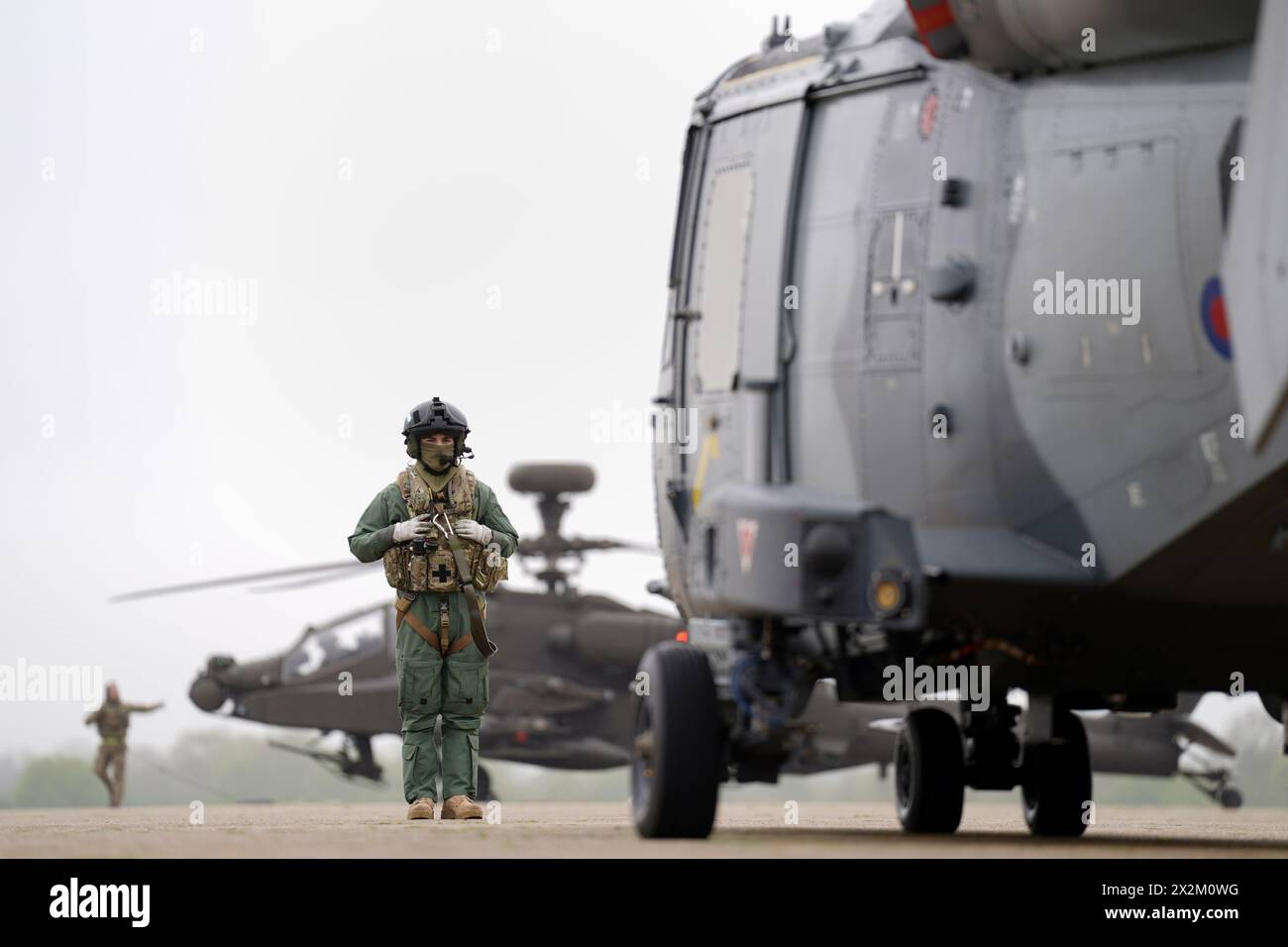 British Army Apache AH-64E attack helicopters are prepared for take off ...