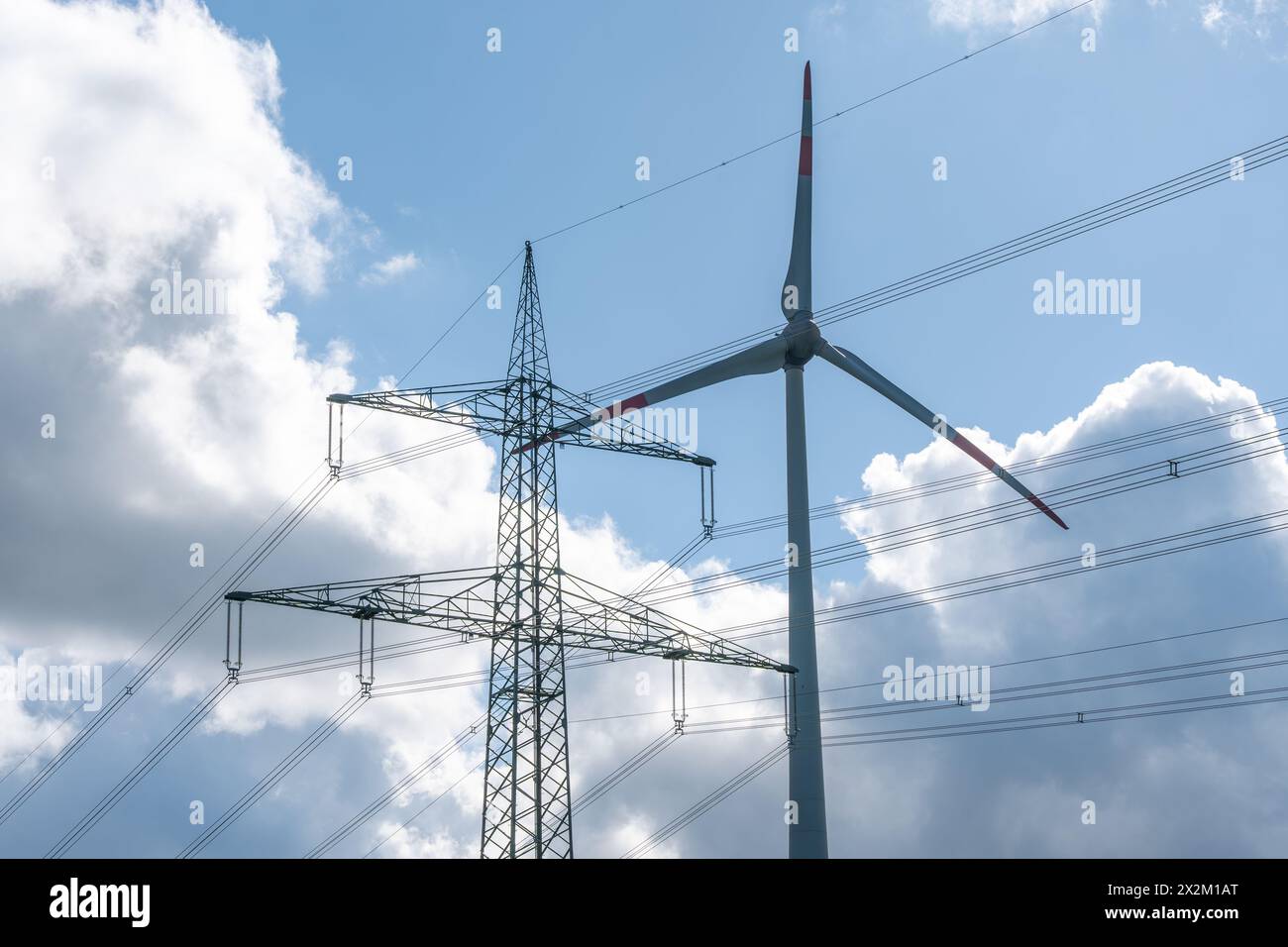 High voltage pole and turbine of a wind power plant. Ecological energy ...