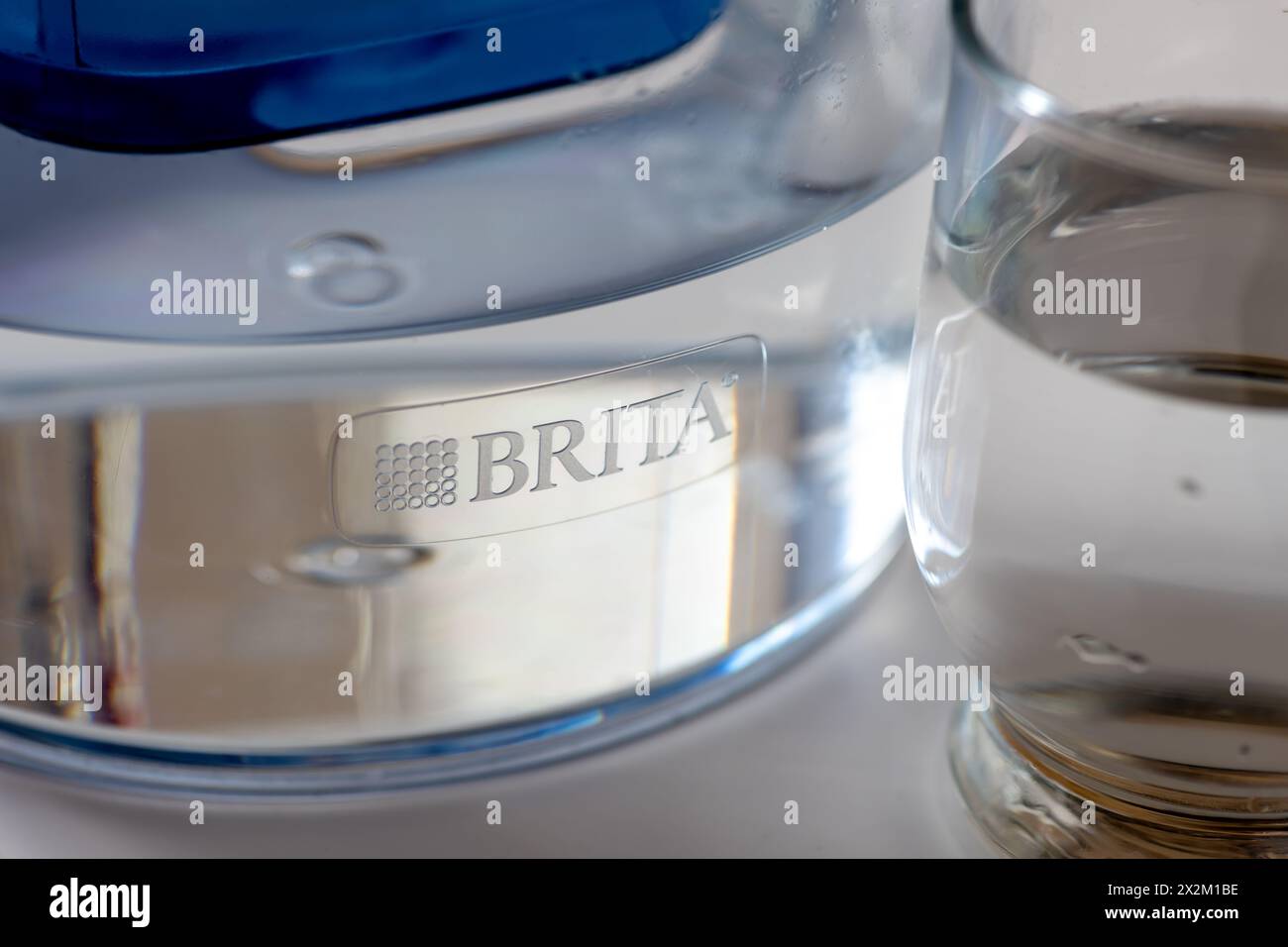 London. UK- 04.17.2024. A Brita water filter jug and a glass of water ...