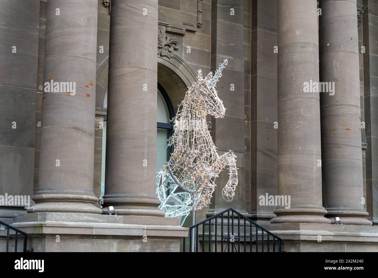 Modern unicorn sculpture on the exterior of Perth Museum in the city of Perth, Scotland, UK ...