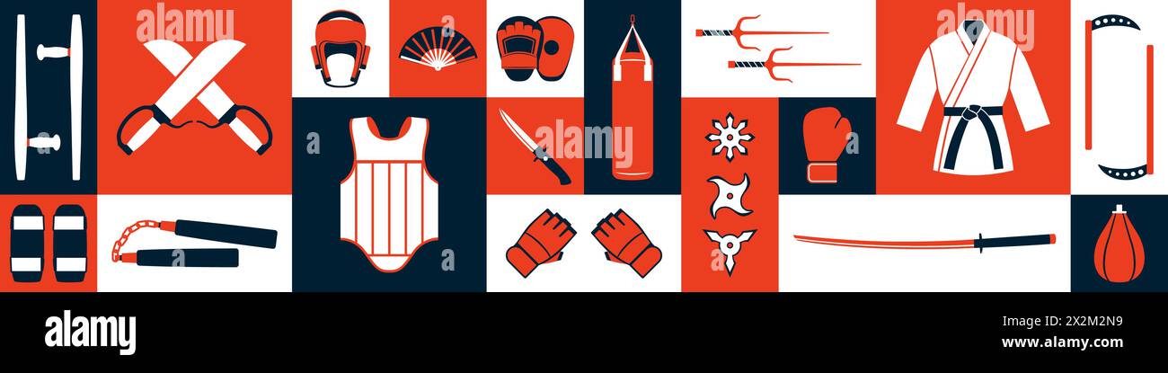 Mixed Martial Arts and fight training equipment, icons set Stock Vector ...