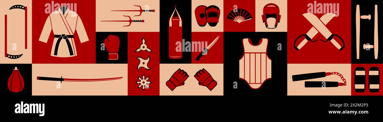 Mixed Martial Arts and fight training equipment, icons set Stock Vector ...