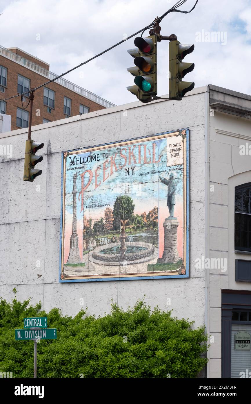 A large Welcome to Peekskill mural done in an old fashioned style. On ...