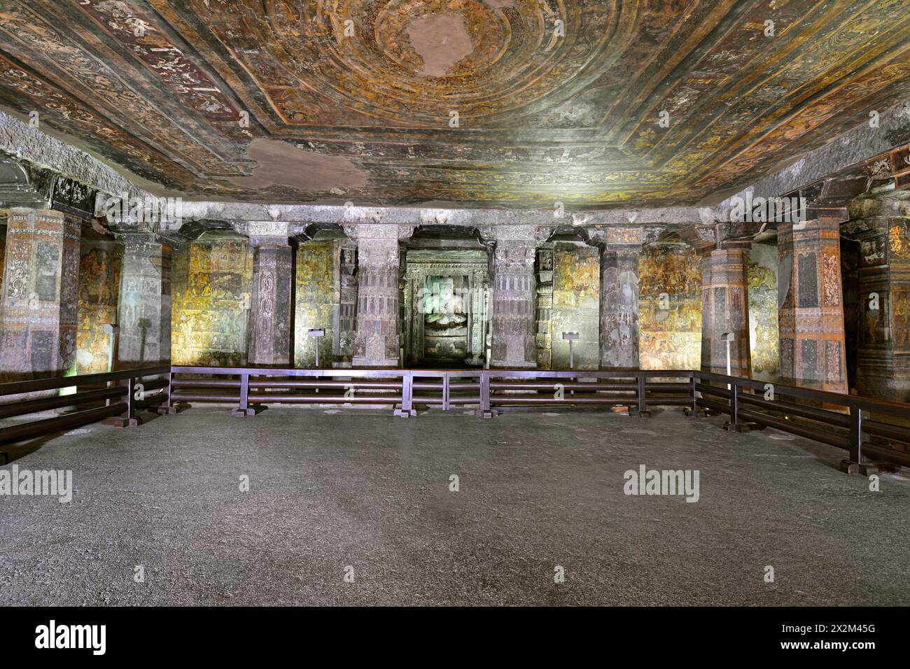 Ajanta Cave No 17 View of Hall showing Buddha shrine, rear wall and ...