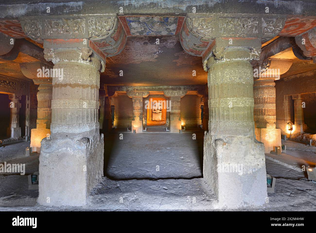 Ajanta Cave No 23 Pillared Hall and Buddha in Padmasana in the shrine ...