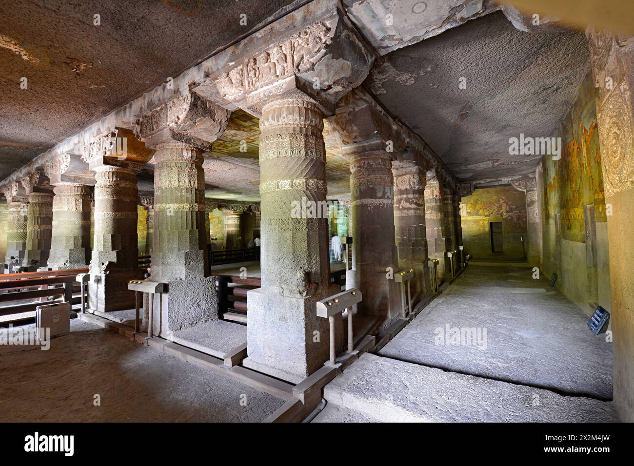 Ajanta Cave No 2 Pillared hall- showing right aisle. Each pillar is ...