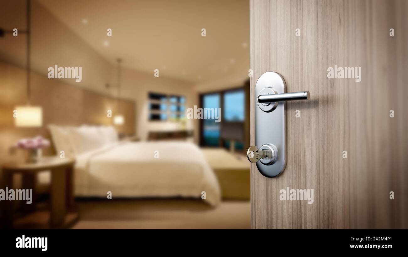 Door opening to comfortable and modern sitting room. 3D illustration ...