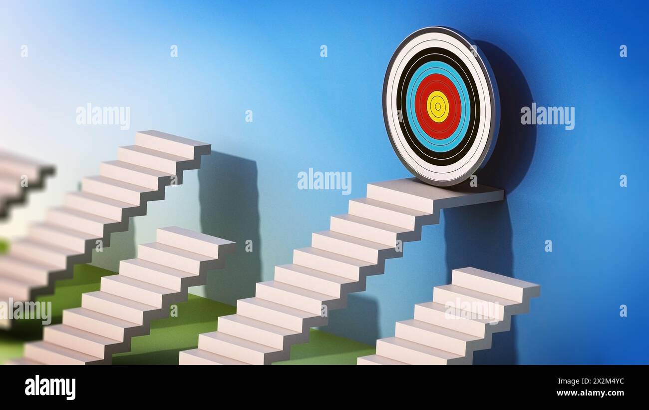 One ladder reaching the bullseye target among short ladders. 3D ...