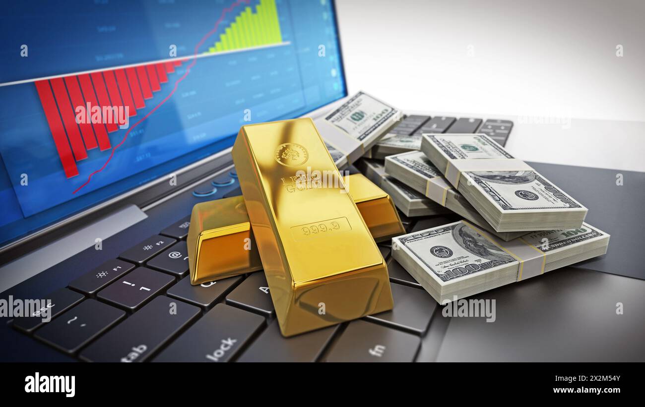 Gold ingots and money pile on laptop computer. 3D illustration Stock ...