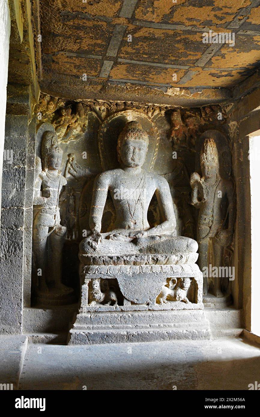 Ellora Buddhist Caves: Cave No 12 Buddha in padmasana with chouri ...