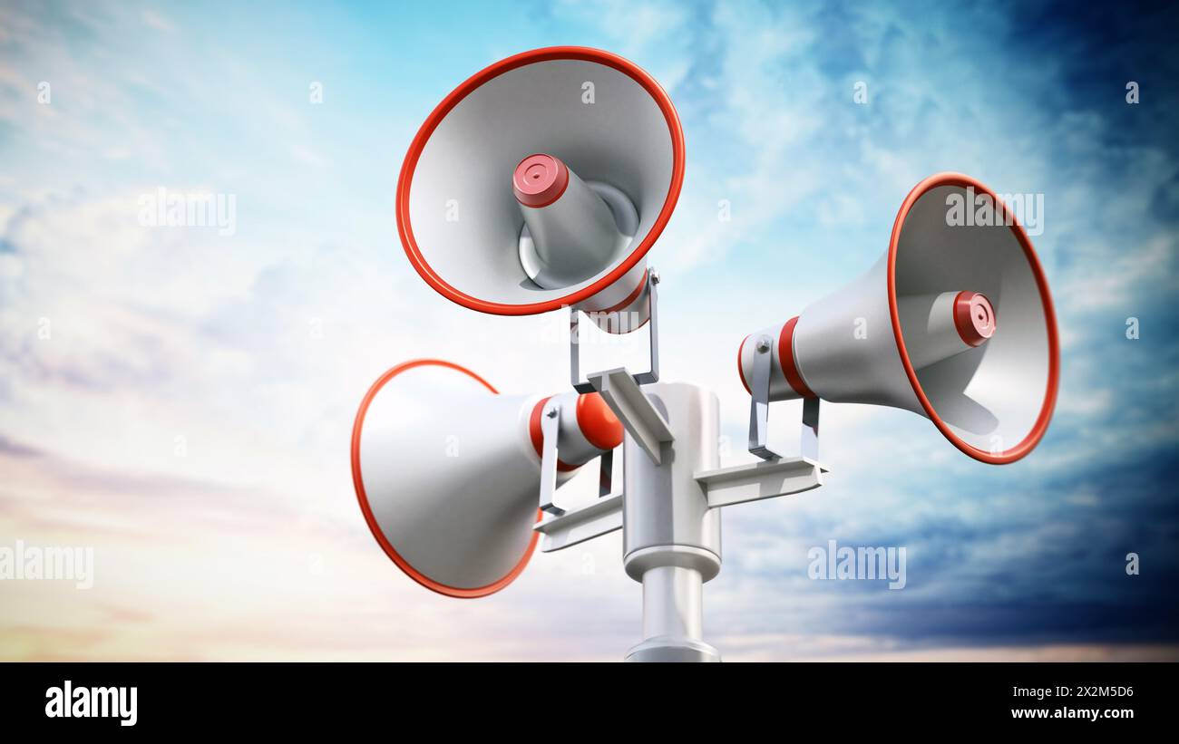 Megaphones in the pole. Public announcement concept. 3D illustration ...