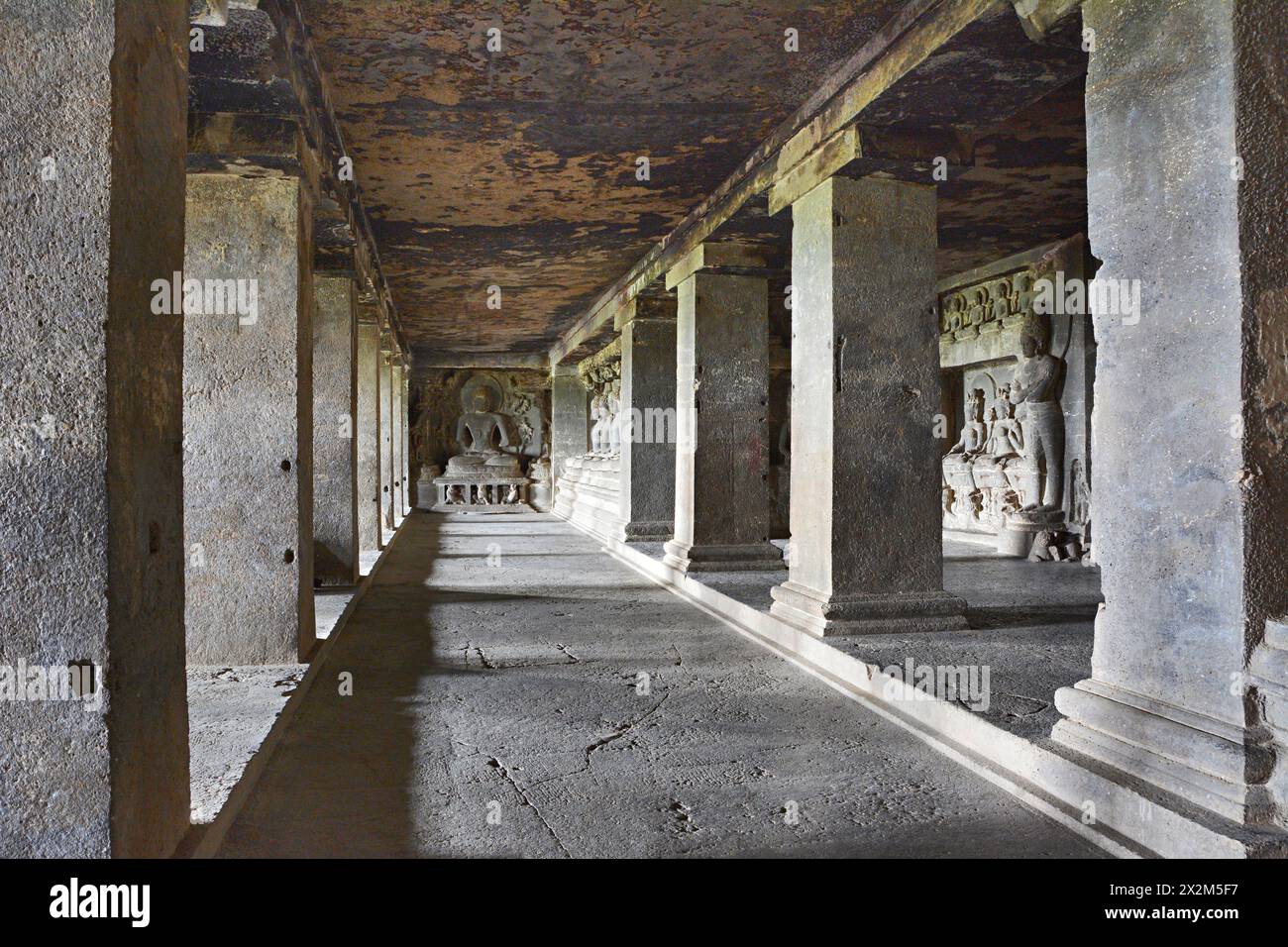 Ellora Buddhist Caves: Cave No 12. Buddha in padmasana at the far end ...