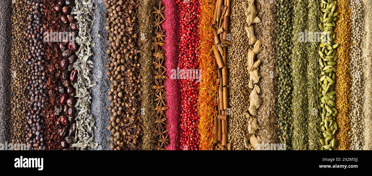 spices and herbs panoramic background. various seasonings are scattered ...