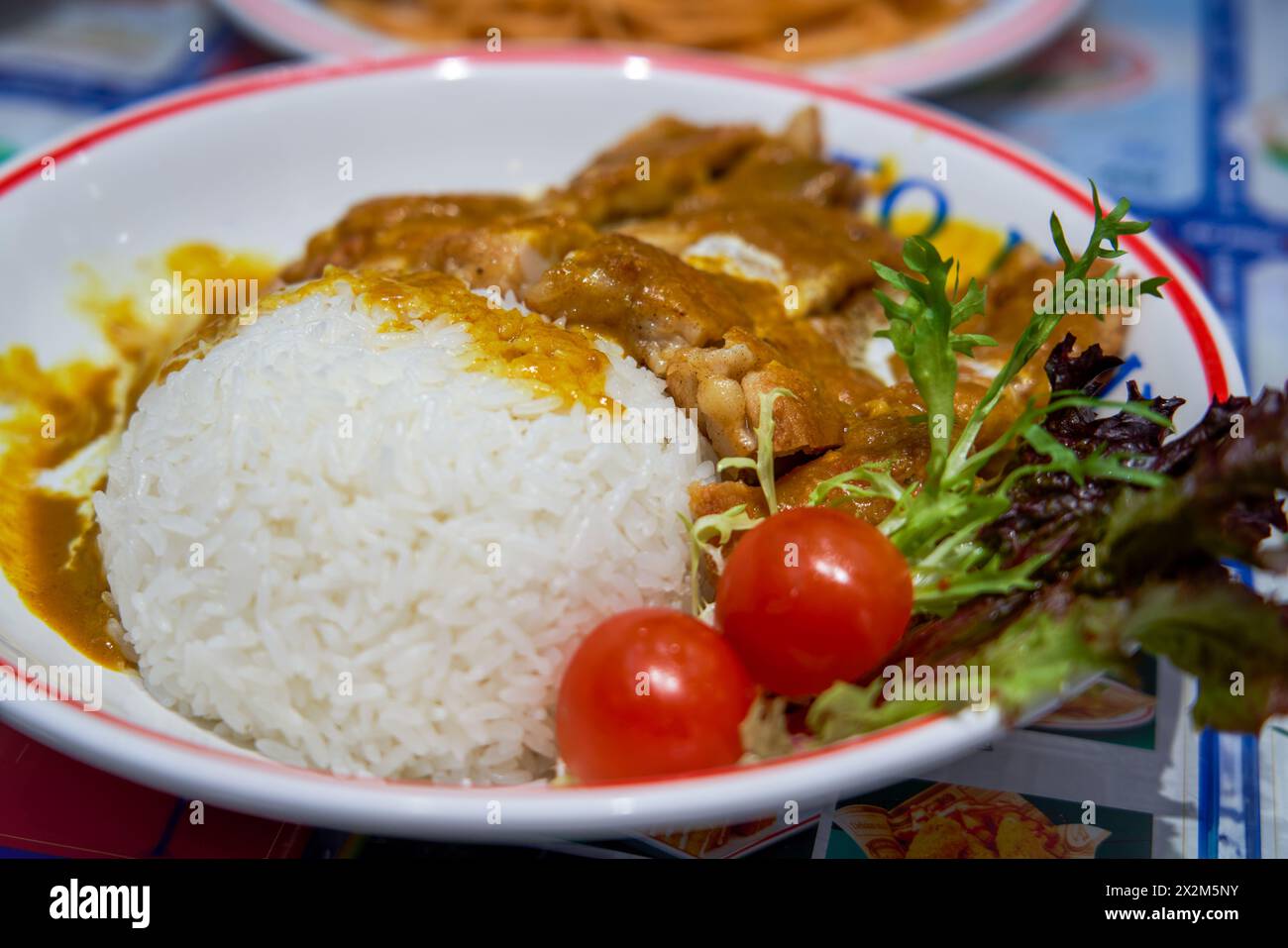A delicious curry fried chicken chop rice in a Hong Kong tea restaurant ...