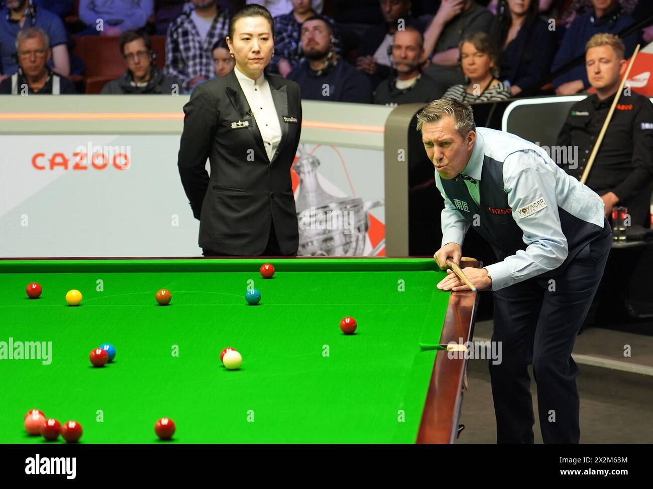 Dominic Dale in action against Kyren Wilson on day four of the 2024 ...