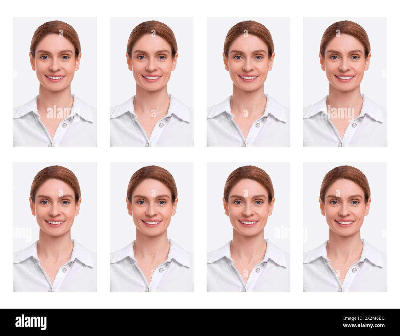 Passport photo, collage. Woman on white background, set of photos Stock ...