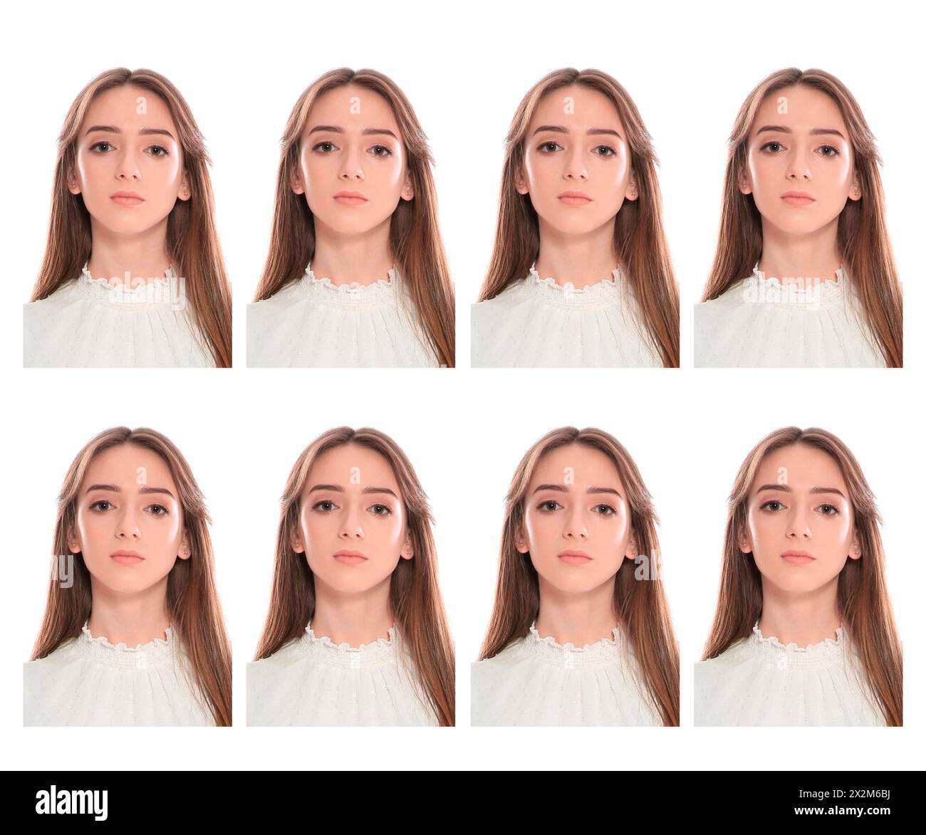 Passport photo, collage. Woman on white background, set of photos Stock ...