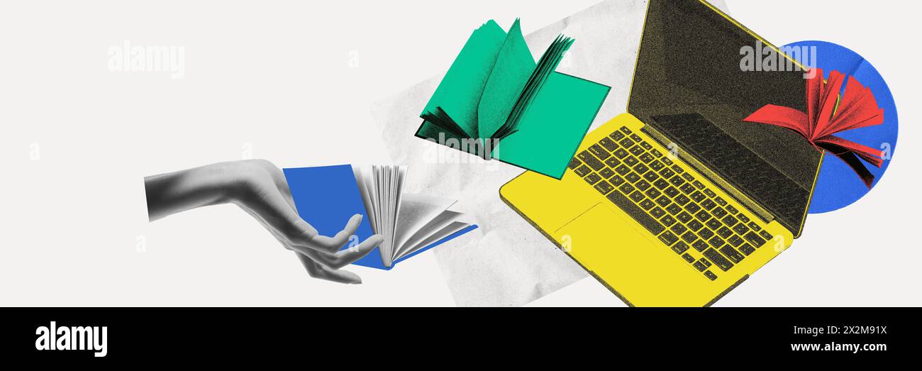 Hand with book next to laptop. Access to online courses and libraries ...