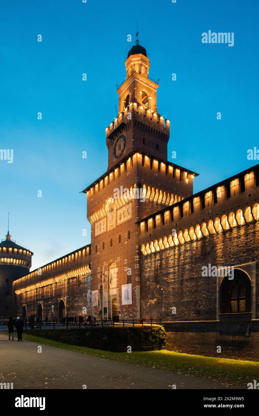 Sforza Castle (Castello Sforzesco) at night in Milano, Italy. The ...