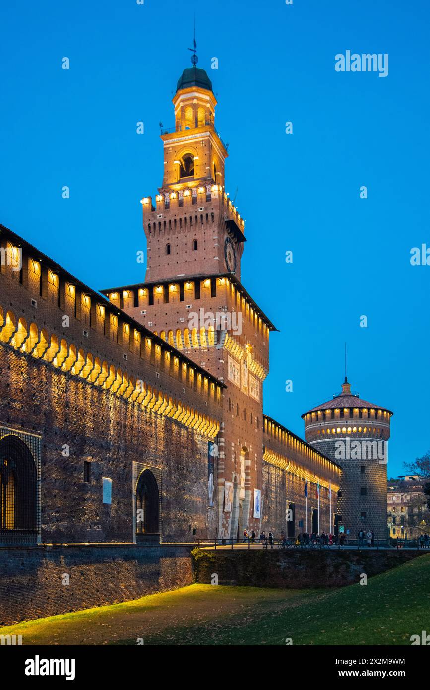 Sforza Castle (Castello Sforzesco) at night in Milano, Italy. The ...