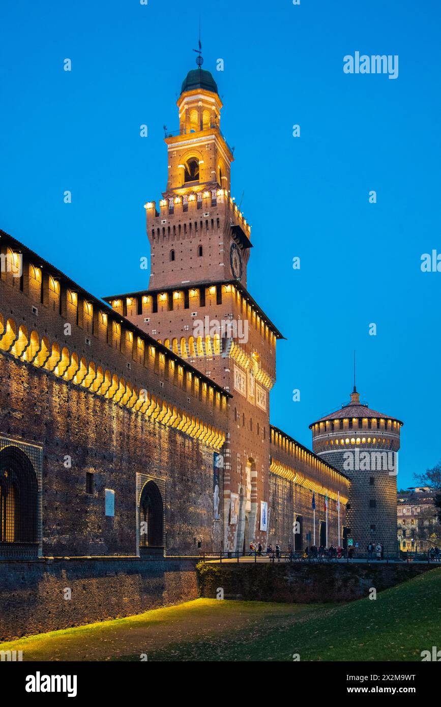 Sforza Castle (Castello Sforzesco) at night in Milano, Italy. The ...