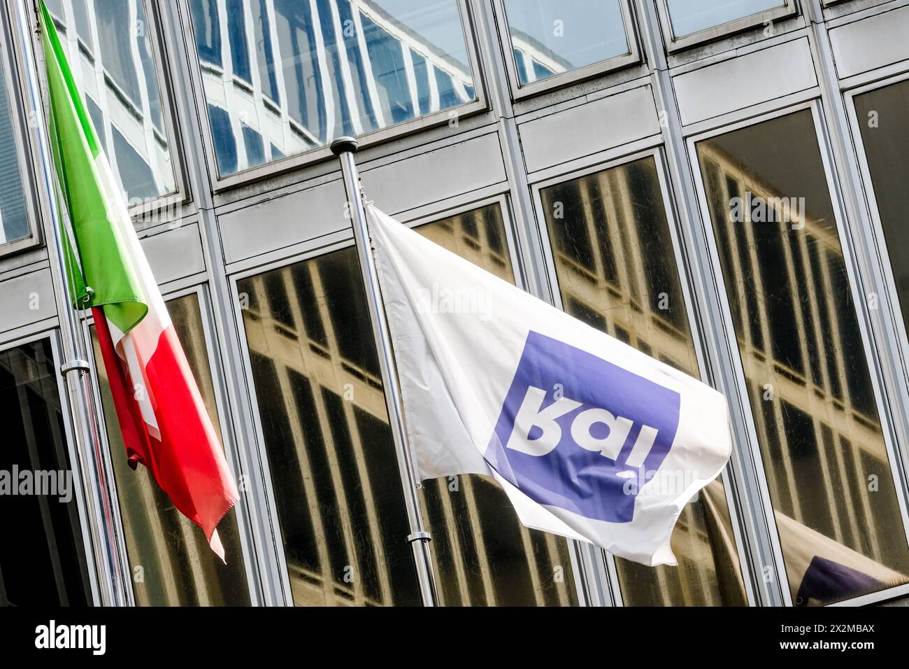 Roma, Italia. 23rd Apr, 2024. Bandiera RAI issata alla rovescia davanti ...