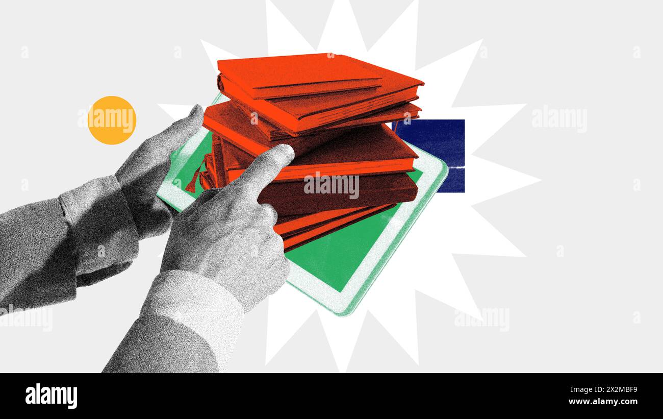 Person using tablet with books lying on screen. Contemporary art ...
