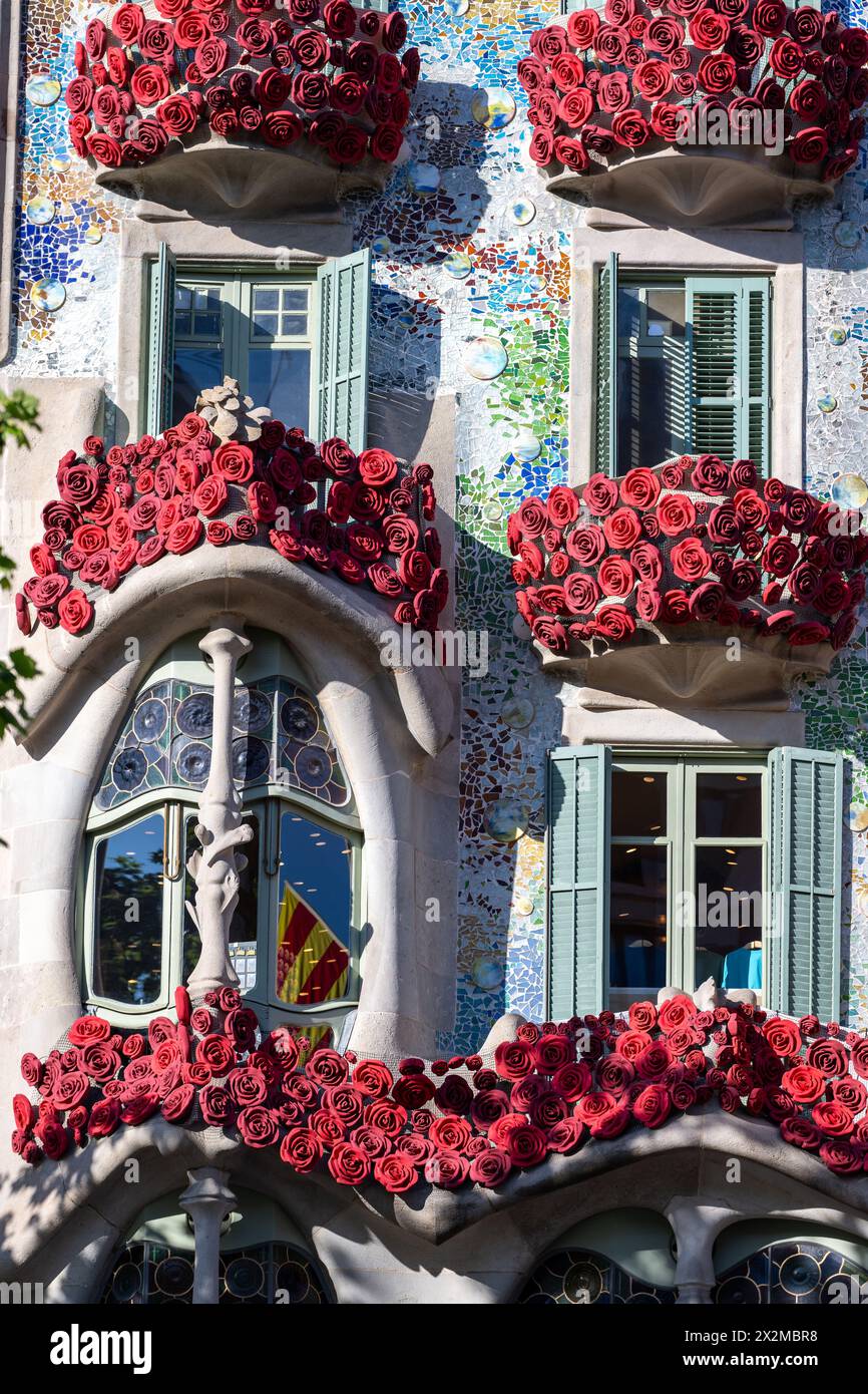 Casa Batlló the balconies are dressed with roses to celebrate Sant ...