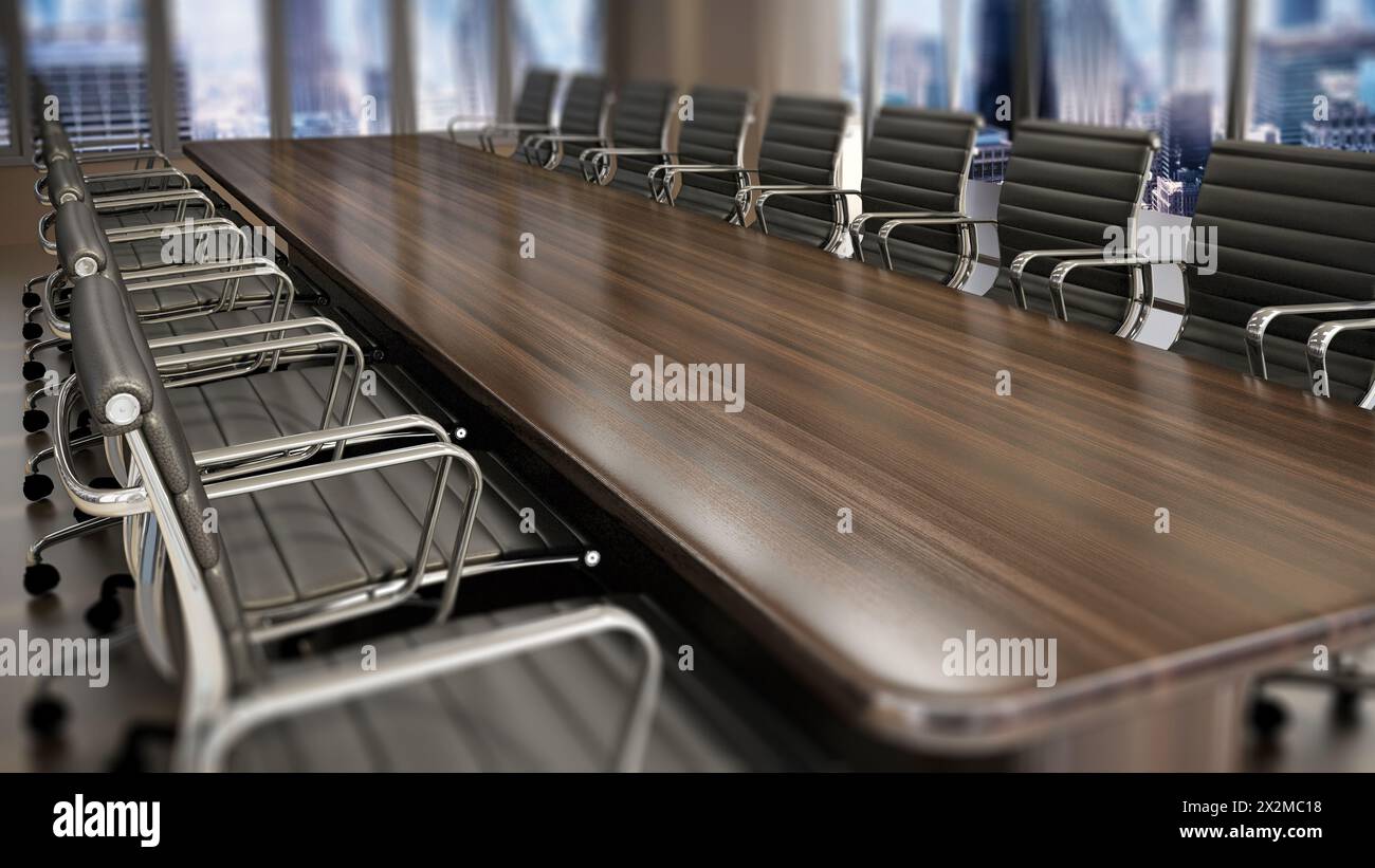 Meeting table and office chairs inside the boardroom. 3D illustration ...