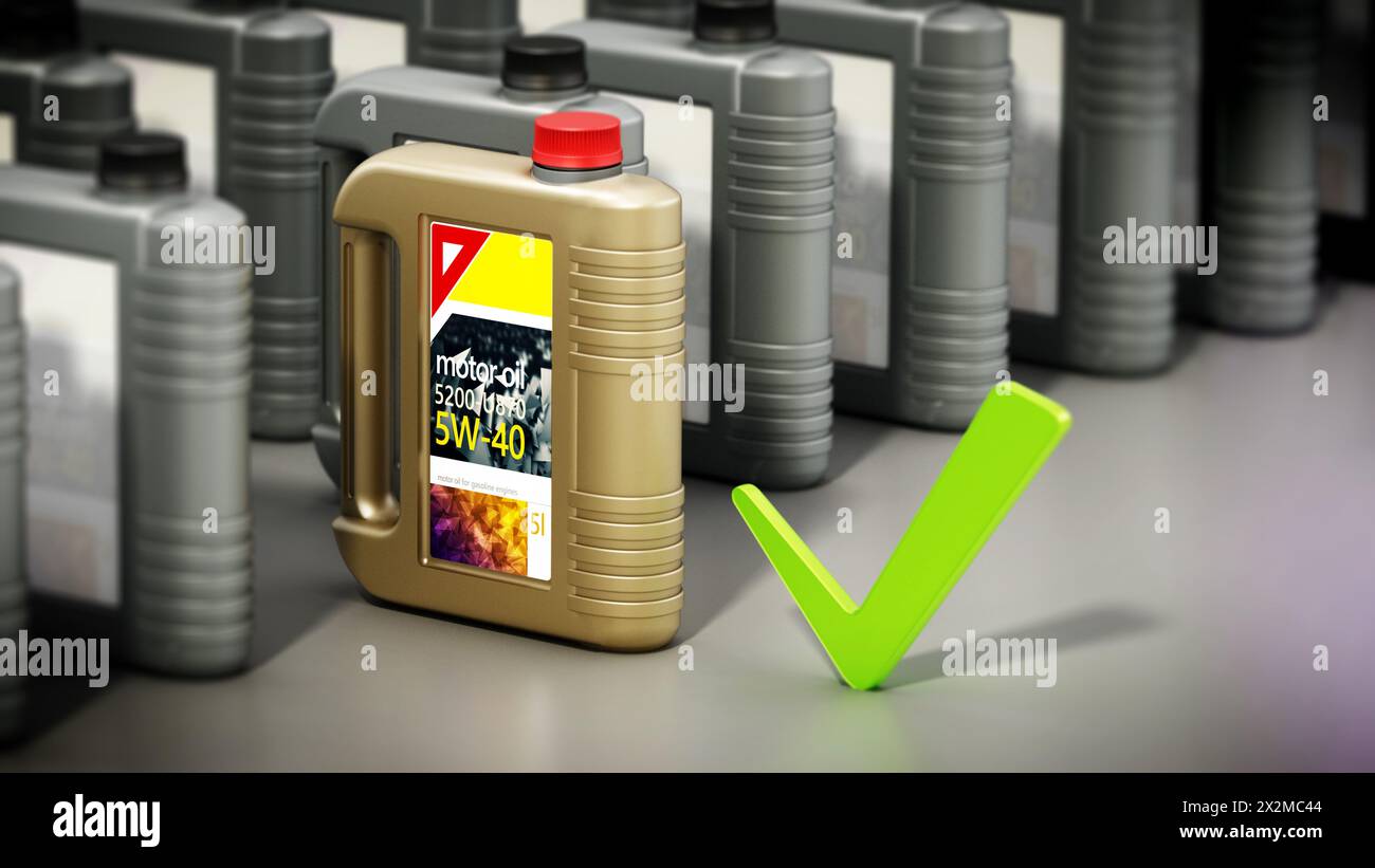 Motor oil can with tick sign stands out among gray cans. 3D ...