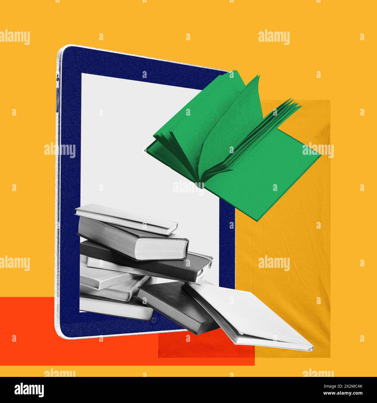 Tablet with books falling out screen. Contemporary art collage ...