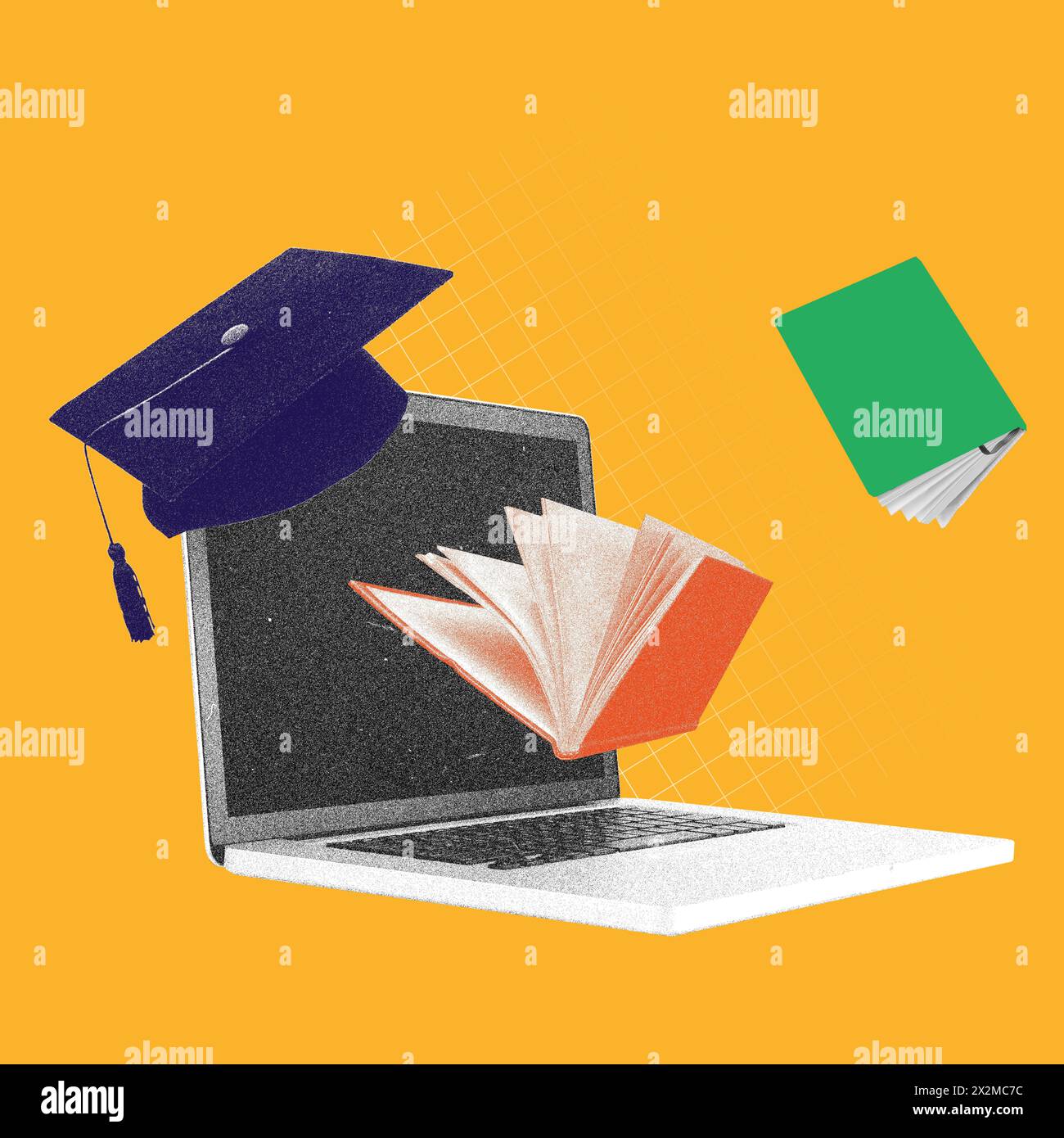 Tablet with graduation cap and books falling down. Contemporary art ...