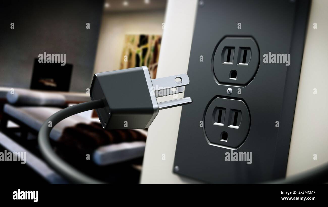 USA type AC power plug and socket on the wall. 3D illustration Stock ...
