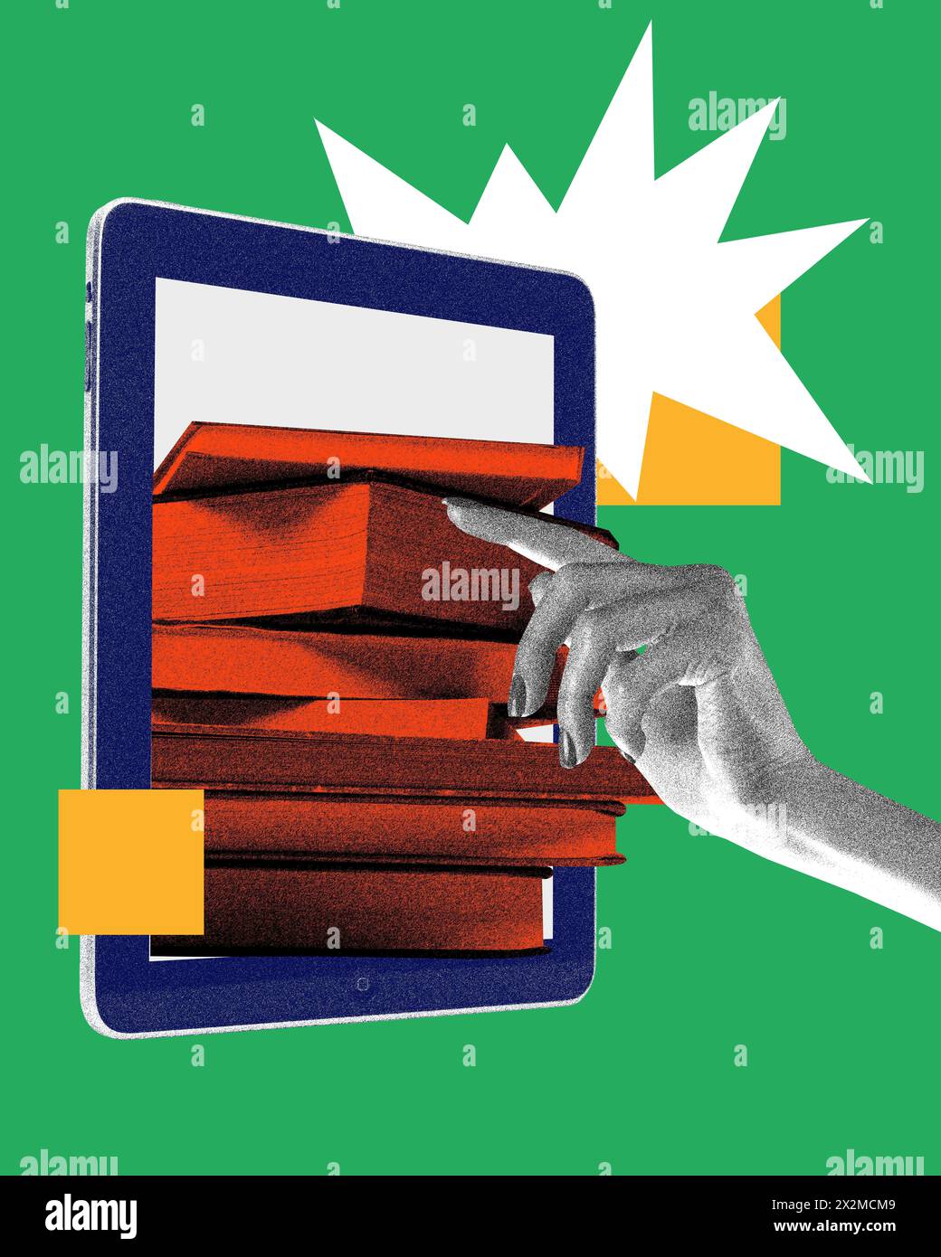 Tablet with stack of books. Contemporary art collage. Integration of ...