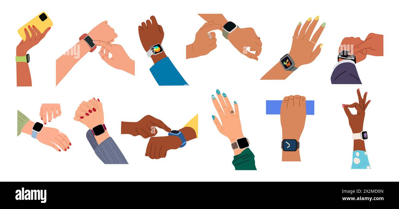 Different hands wearing smart watch on wrist Stock Vector Image & Art ...