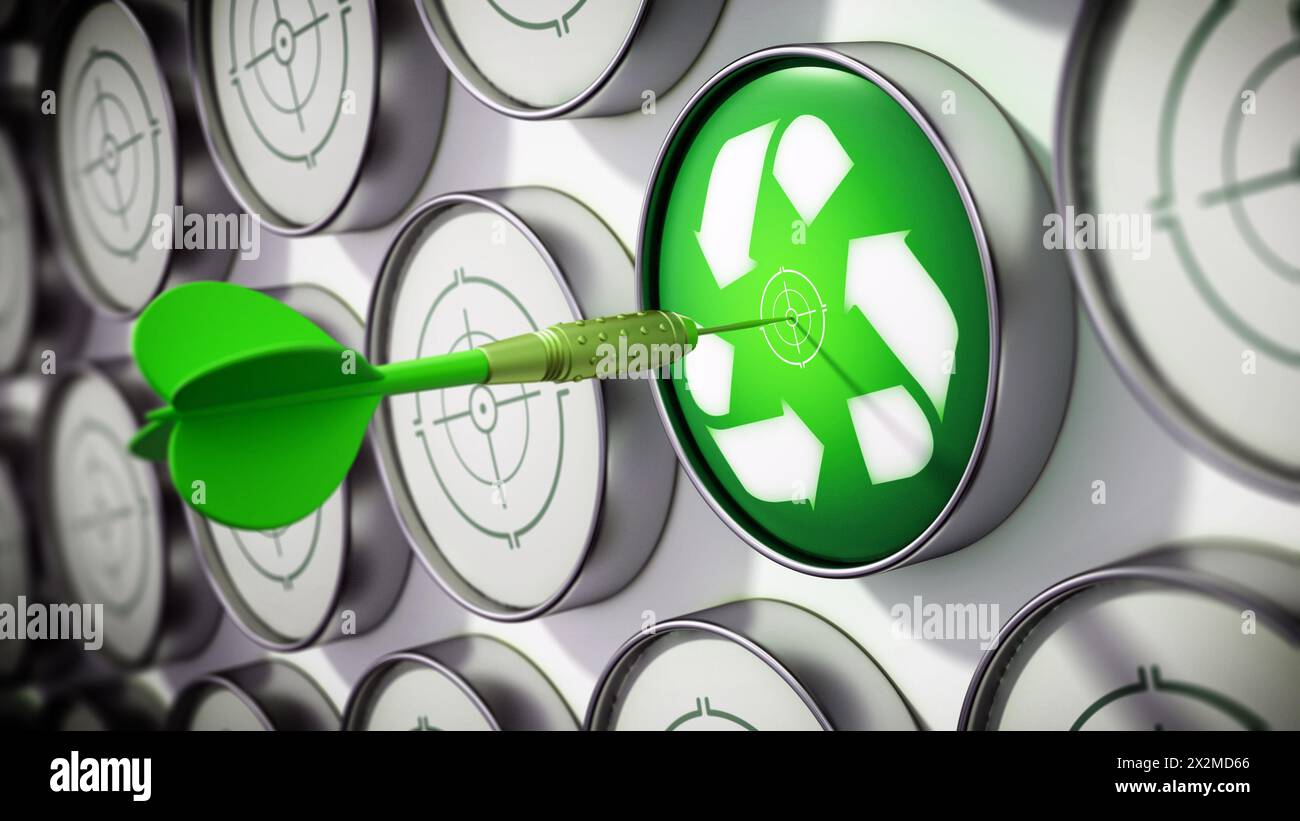 Green dart needle hit at the center of the target with recycle symbol ...