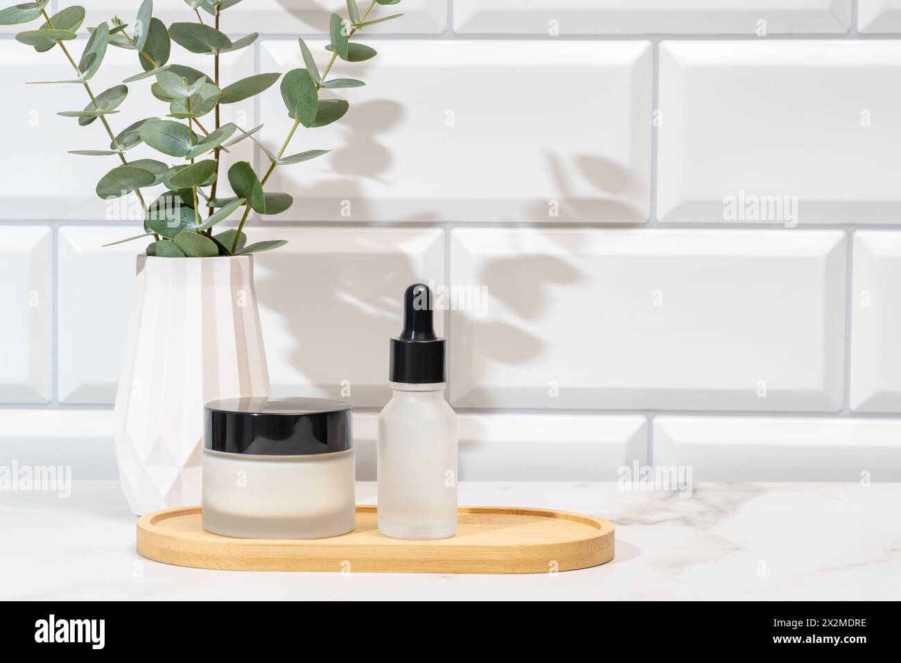 A simplistic cosmetic setup featuring eucalyptus plant on a white ...