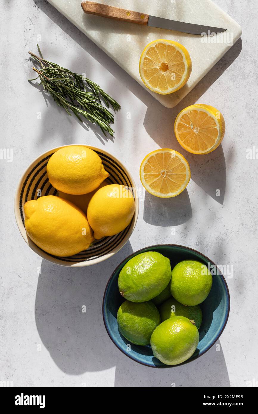 Bright and zesty lemons and limes displayed in bowls with a sprig of ...