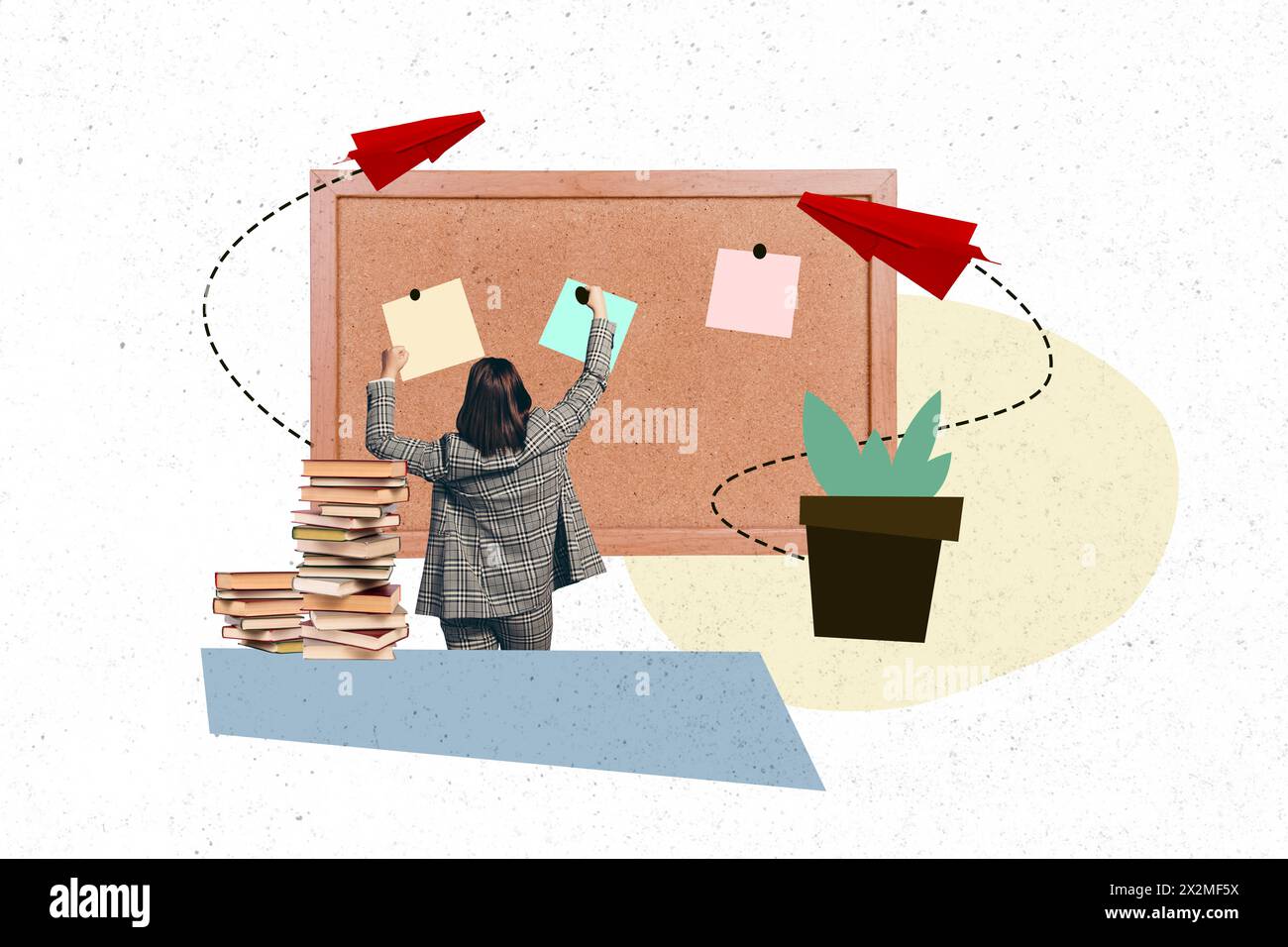 Creative collage photo busy woman pin documents papers desk book stack ...