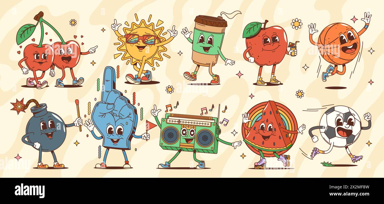 Cartoon groovy characters, cherry and apple, watermelon and bomb ...