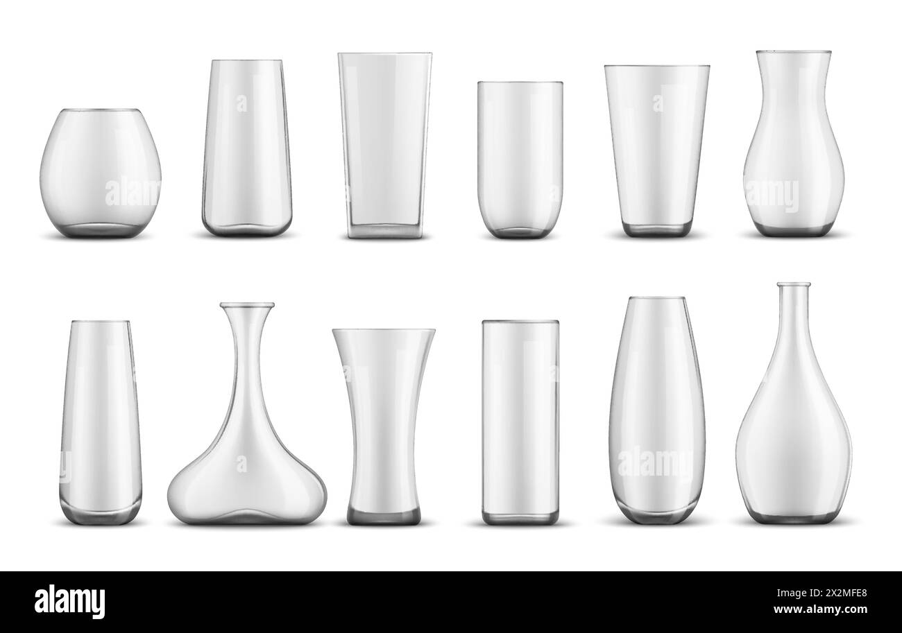 Realistic glass flower vases. Vector 3d empty transparent glass ...