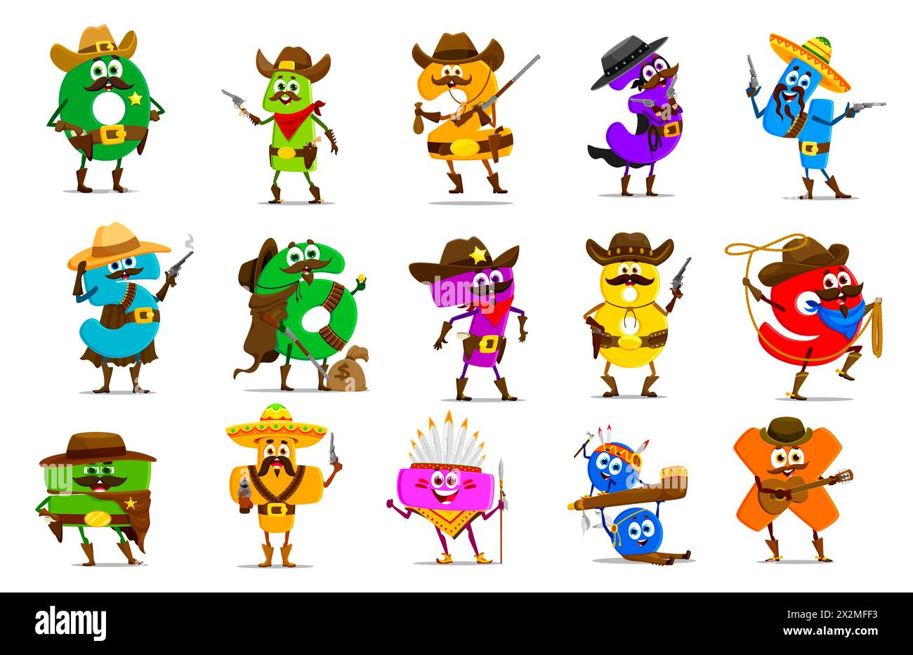 Cartoon cowboy and sheriff, native american math number characters ...
