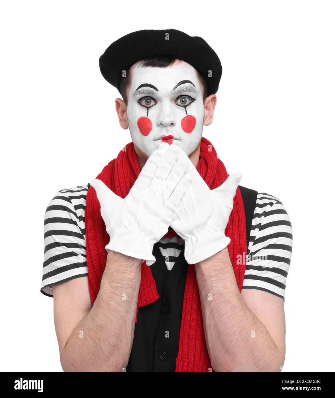 Mime artist making shocked face on white background Stock Photo - Alamy