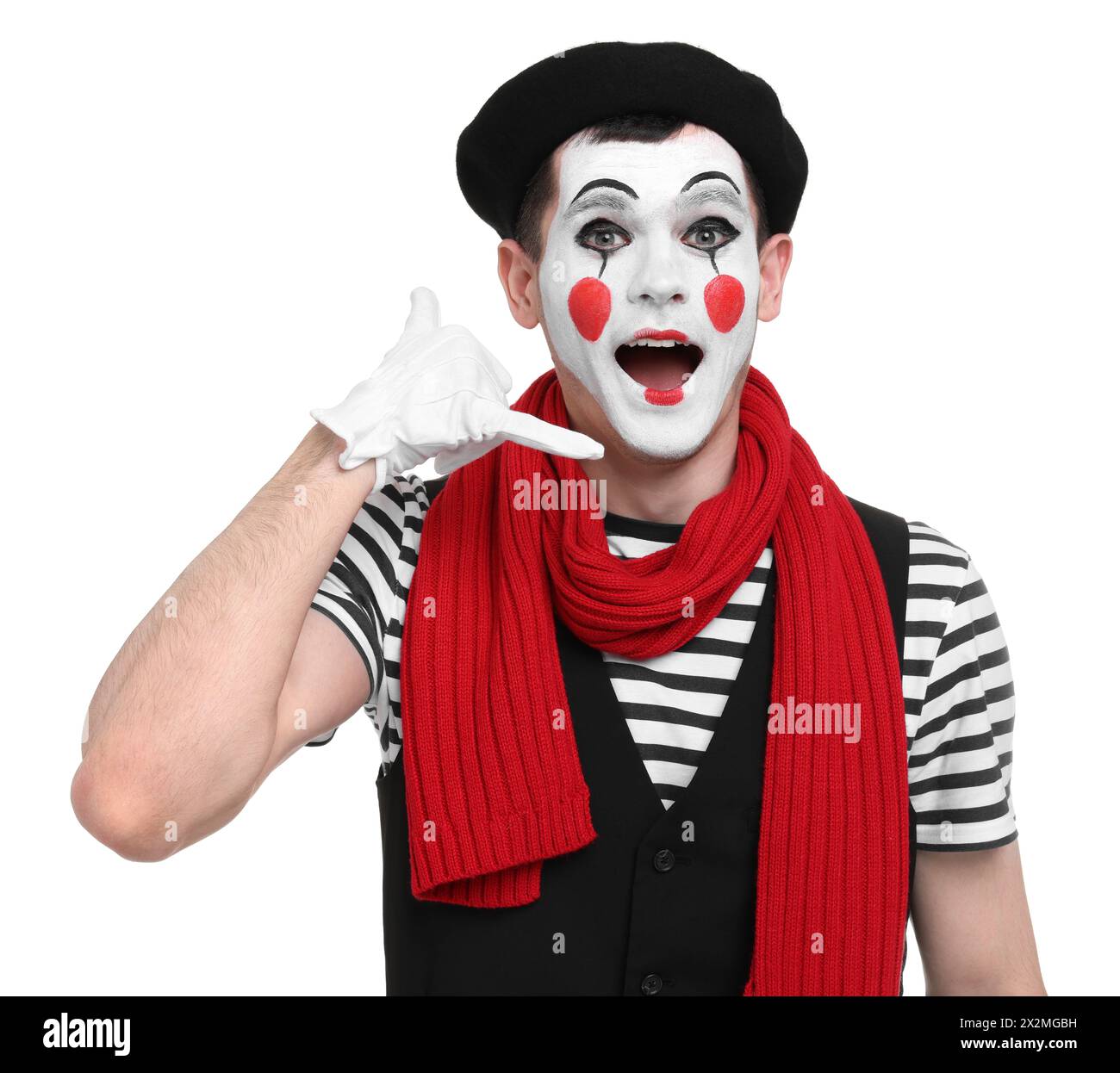 Funny mime artist showing call me gesture on white background Stock ...