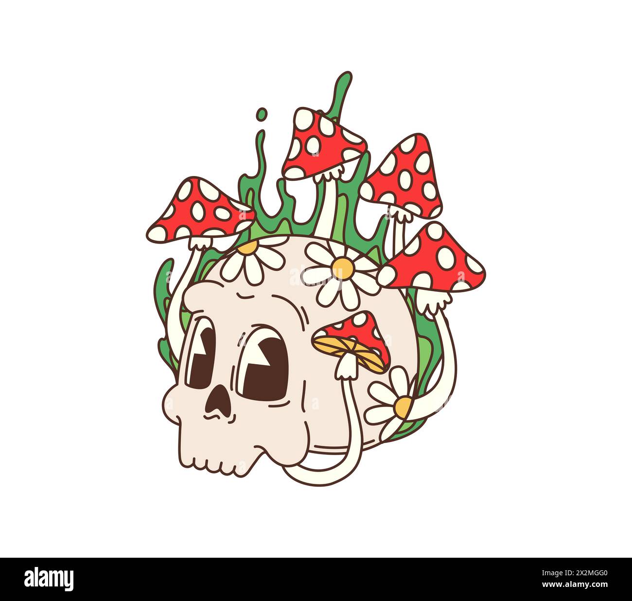 Retro groovy psychedelic skull adorned with amanita mushrooms and ...